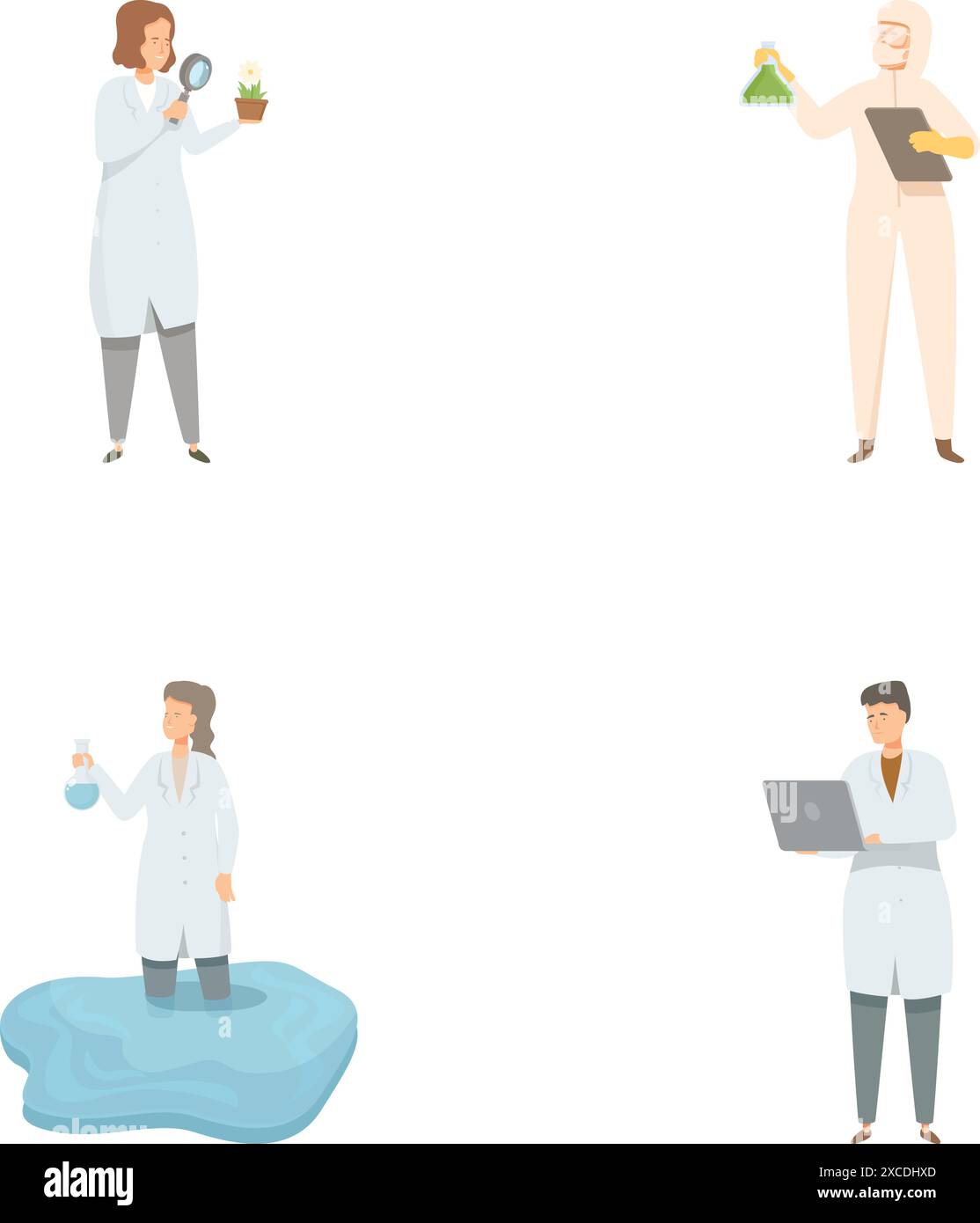 Collection of four diverse cartoon scientists engaged in experiments ...