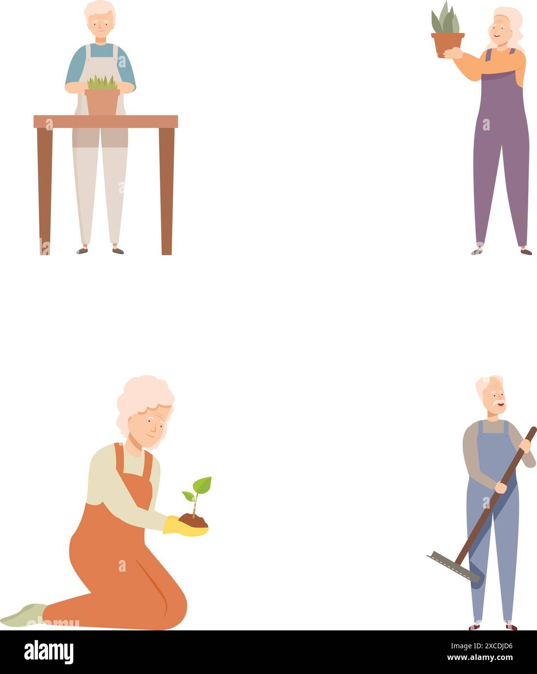 Illustration of elderly couple planting, holding vegetables, and taking ...