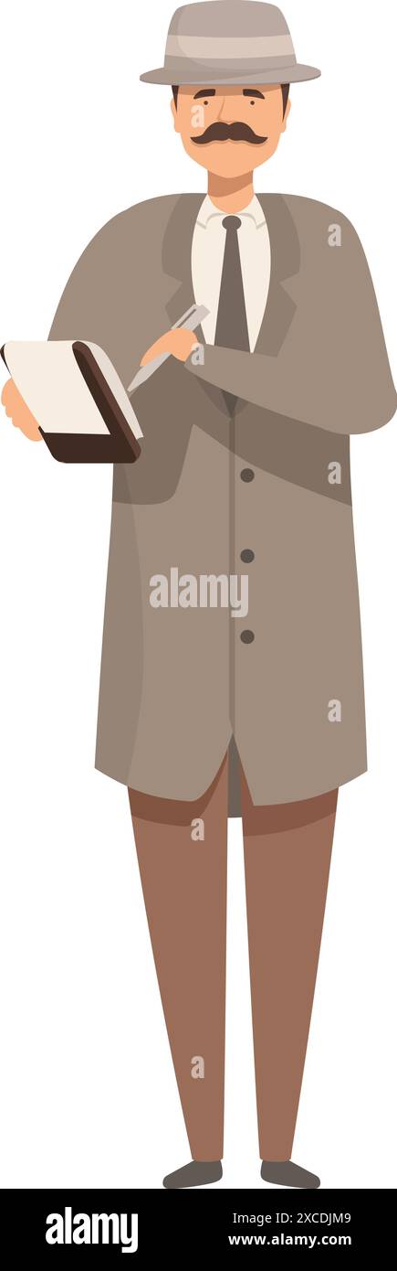 Detective character wearing hat and coat taking notes in notebook ...
