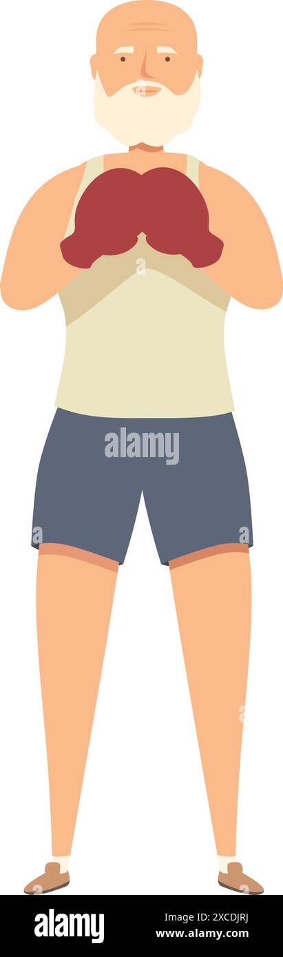 Determined senior man wearing boxing gloves posing in fighting stance ...