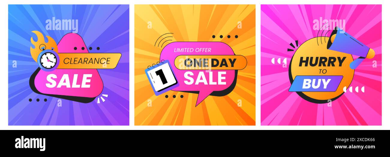 Square last time offer or hot sales banners in vibrant colors. One day ...
