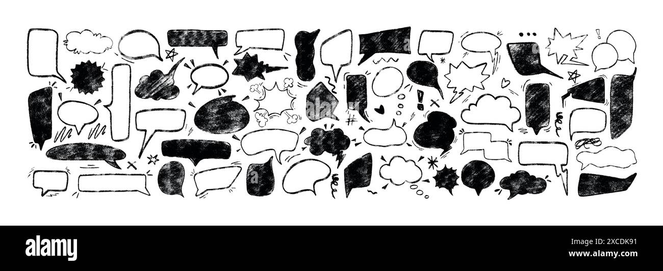 Hand drawn speech bubbles different shapes. Black chalk frames for chat ...