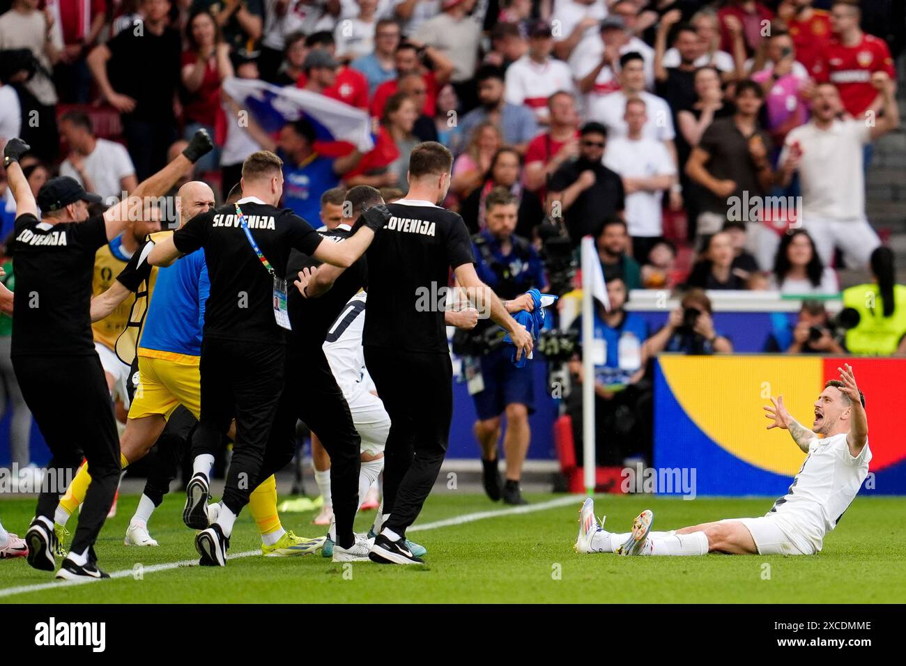 Slovenia's Erik Janza (right) celebrates after scoring their side's ...