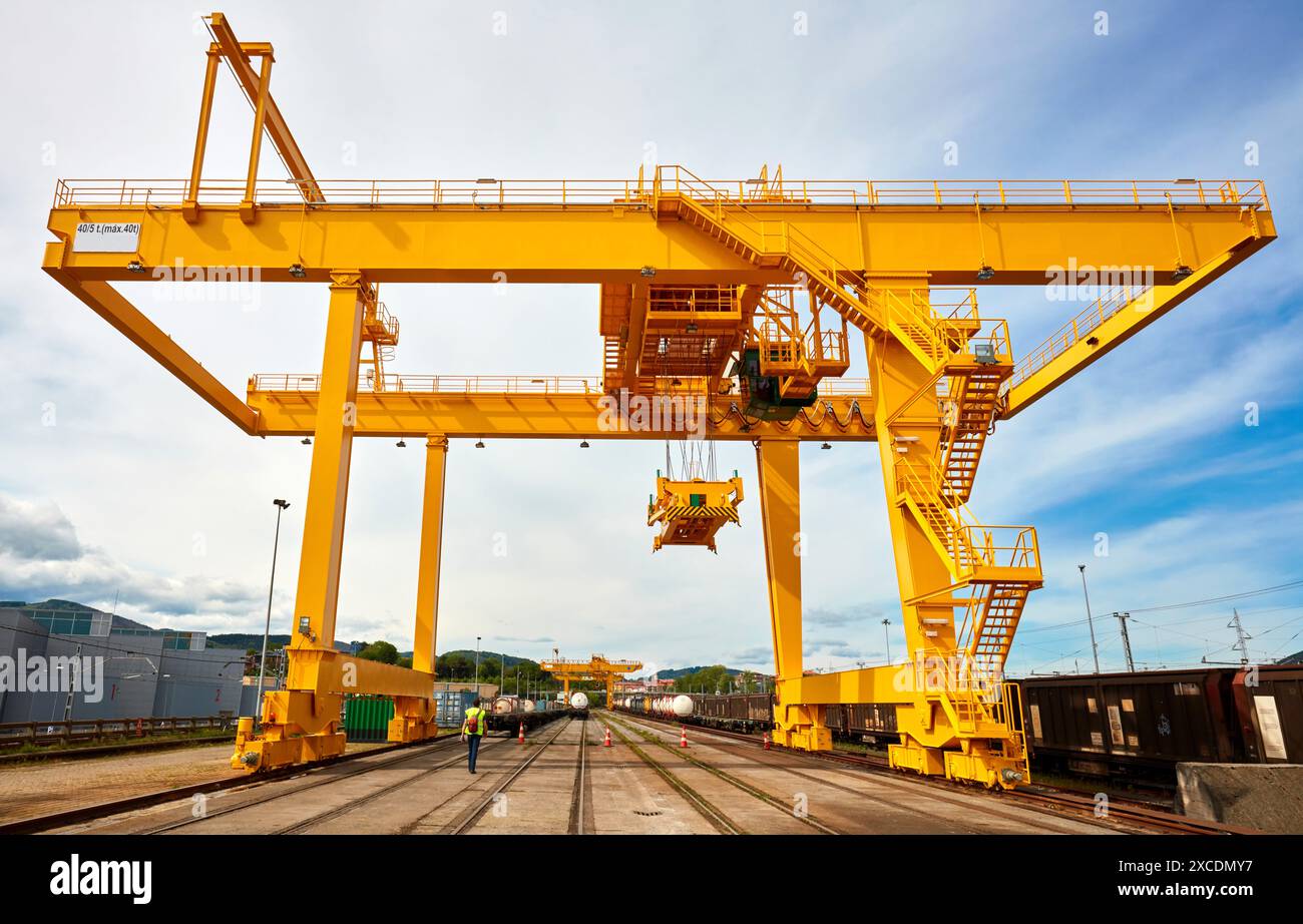 Gantry crane. Railway logistics center. Spain-France border. Irun ...