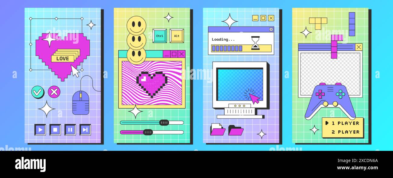 Social media posters template with retro desktop computer interface ...