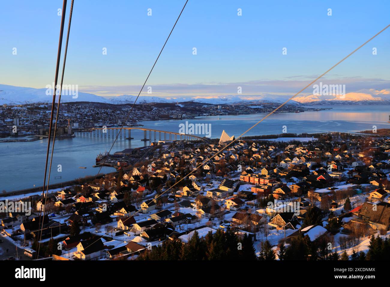 Night view over Tromso city from the Cable Car view point, Troms county ...
