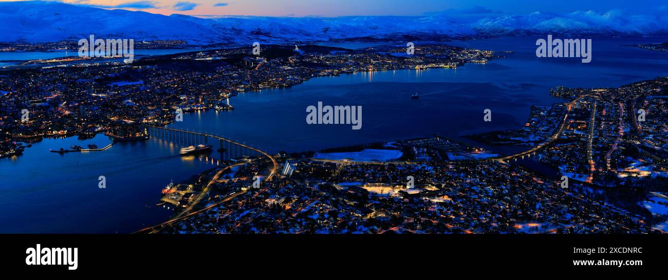 Night view over Tromso city from the Cable Car view point, Troms county ...