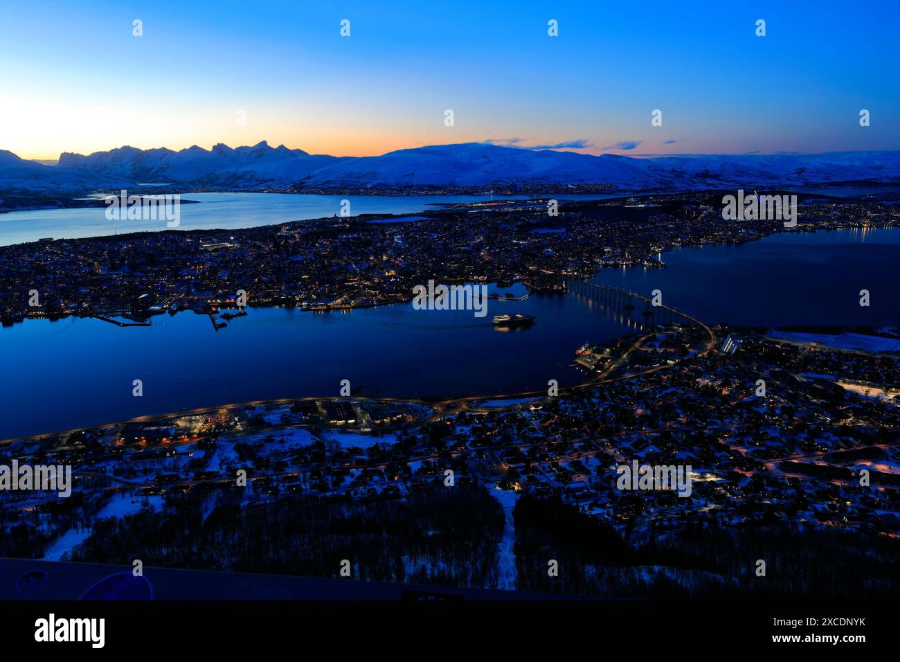 Night view over Tromso city from the Cable Car view point, Troms county ...