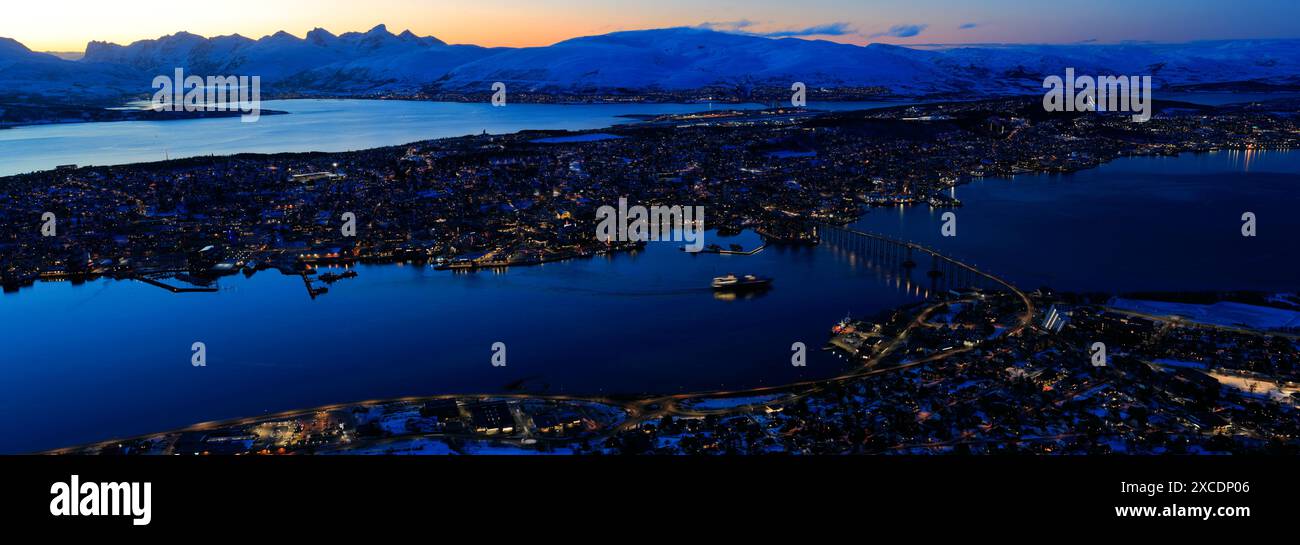 Night view over Tromso city from the Cable Car view point, Troms county ...