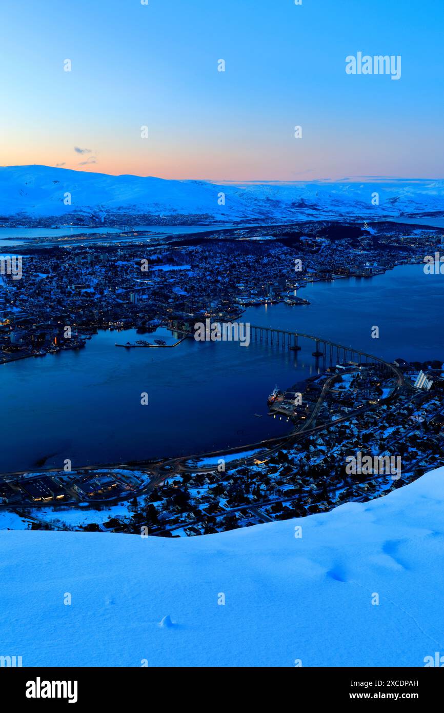 Night view over Tromso city from the Cable Car view point, Troms county ...