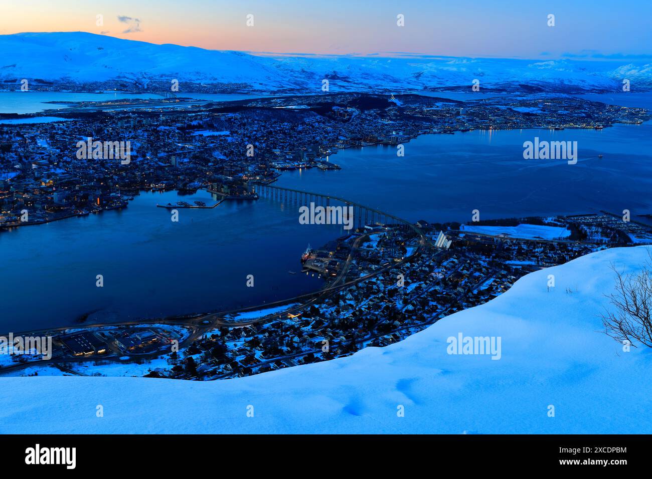Night view over Tromso city from the Cable Car view point, Troms county ...