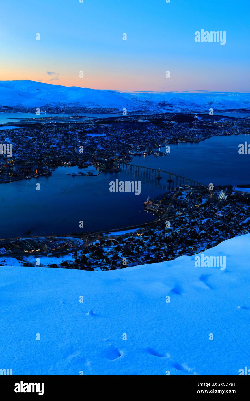 Night view over Tromso city from the Cable Car view point, Troms county ...