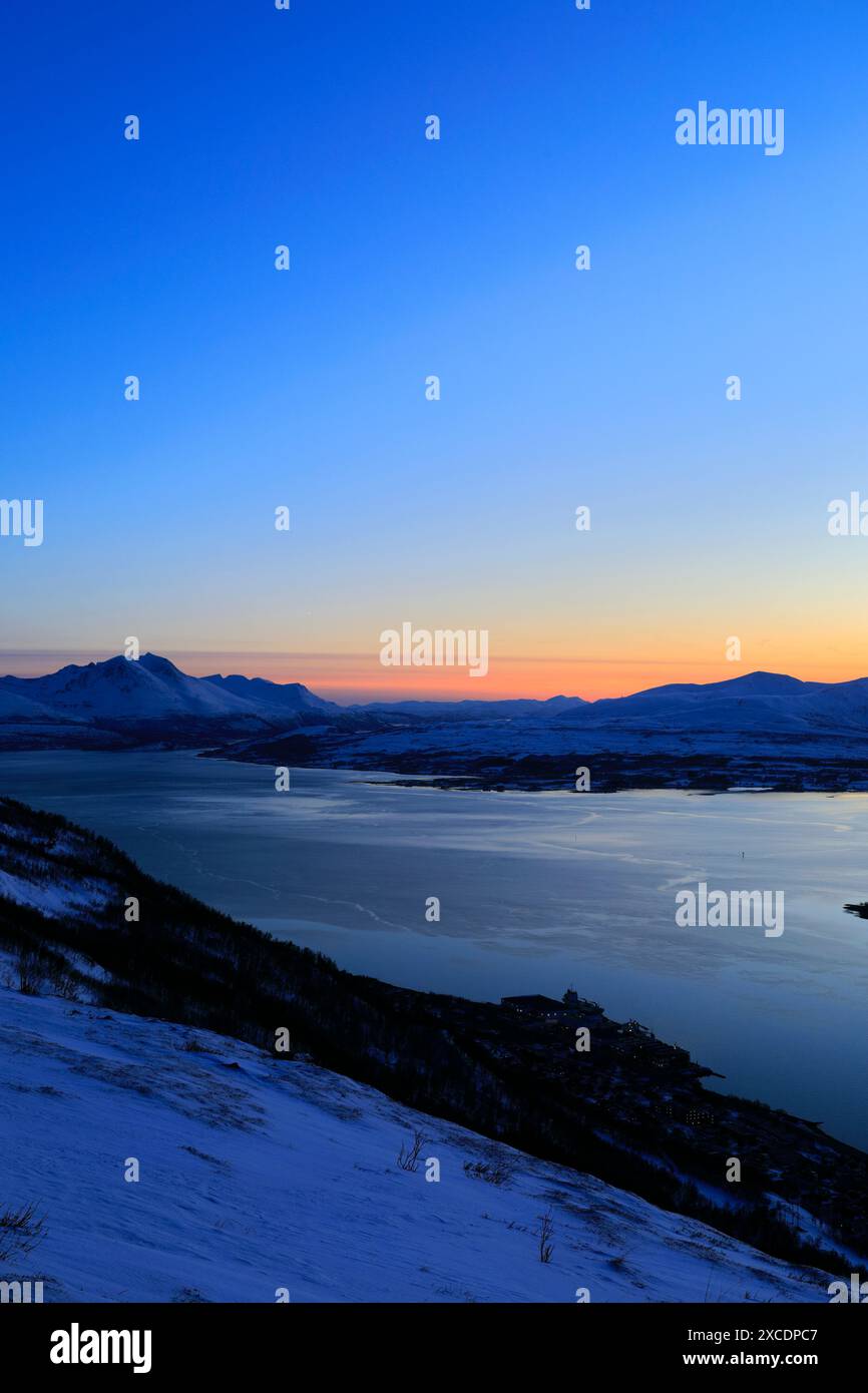 Night view over Tromso city from the Cable Car view point, Troms county ...