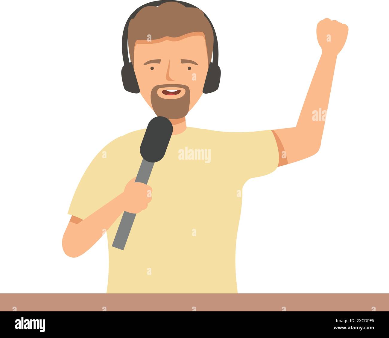 Male radio host speaking into a microphone wearing headphones talking ...