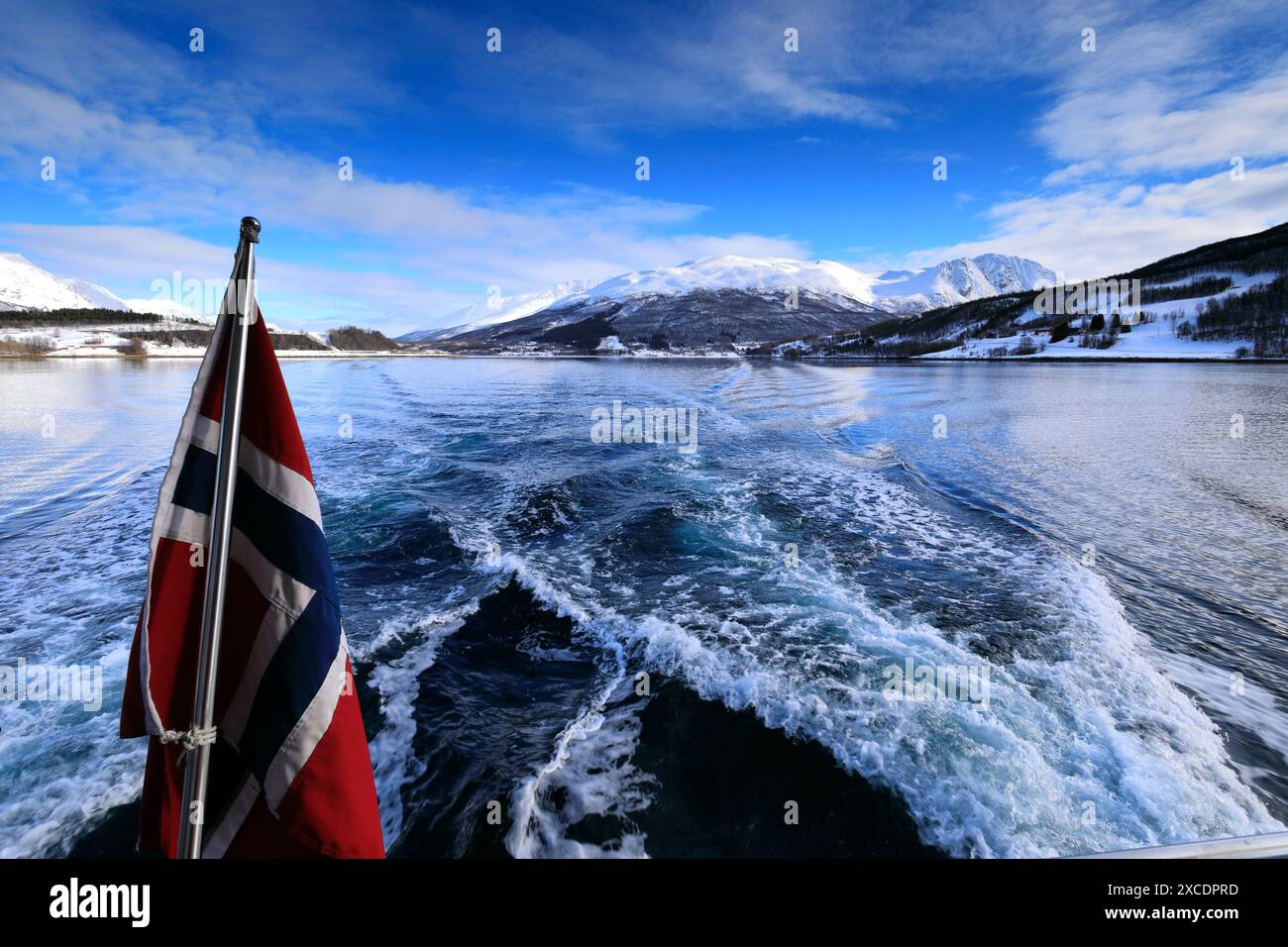 View from a boat of Ramfjord, a scenic Fjord south of Tromso city ...