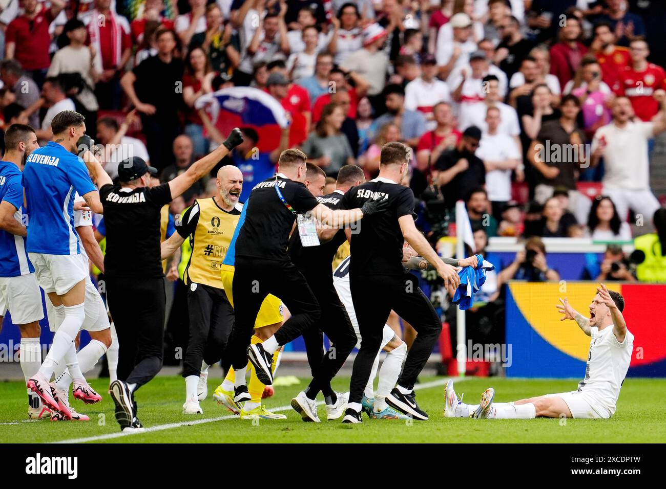Slovenia's Erik Janza (right) celebrates after scoring their side's ...