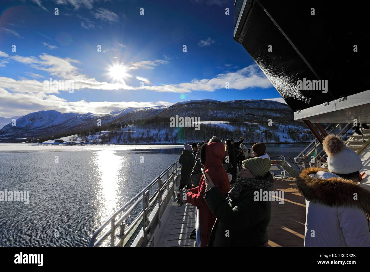 View from a boat of Ramfjord, a scenic Fjord south of Tromso city ...