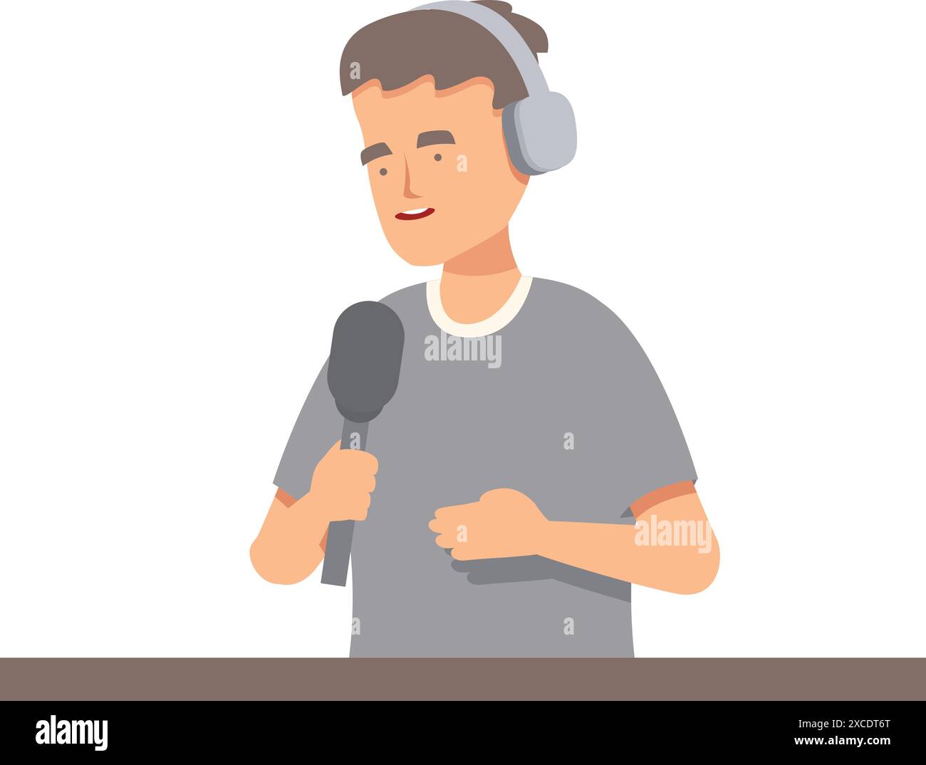 Radio personality is recording a program, speaking into a microphone ...