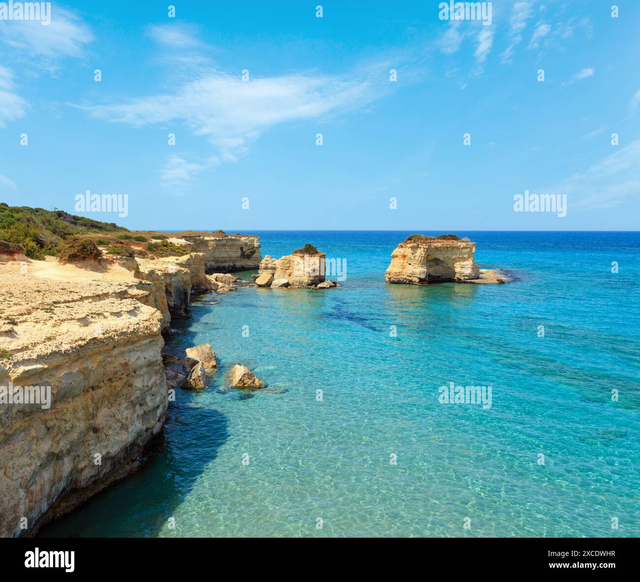 Picturesque seascape with white rocky cliffs, sea bay, islets and ...