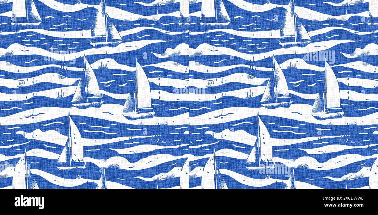 Coastal sail boat in azure ocean blue seamless border background ...