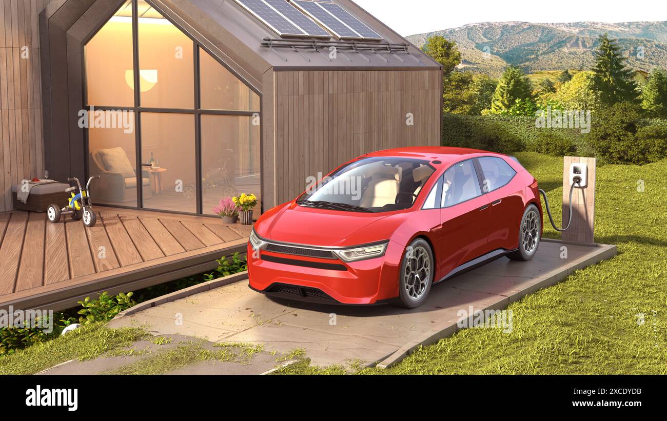 Generic no brand electric car charging wall box in front of modern ...