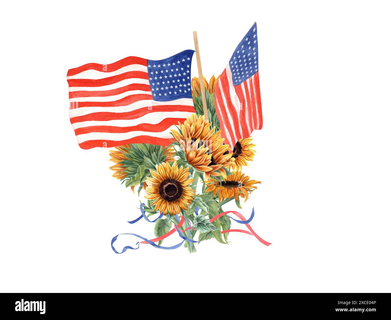 Patriotic Sunflower Bouquet with American Flags. Summer Flowers with ...