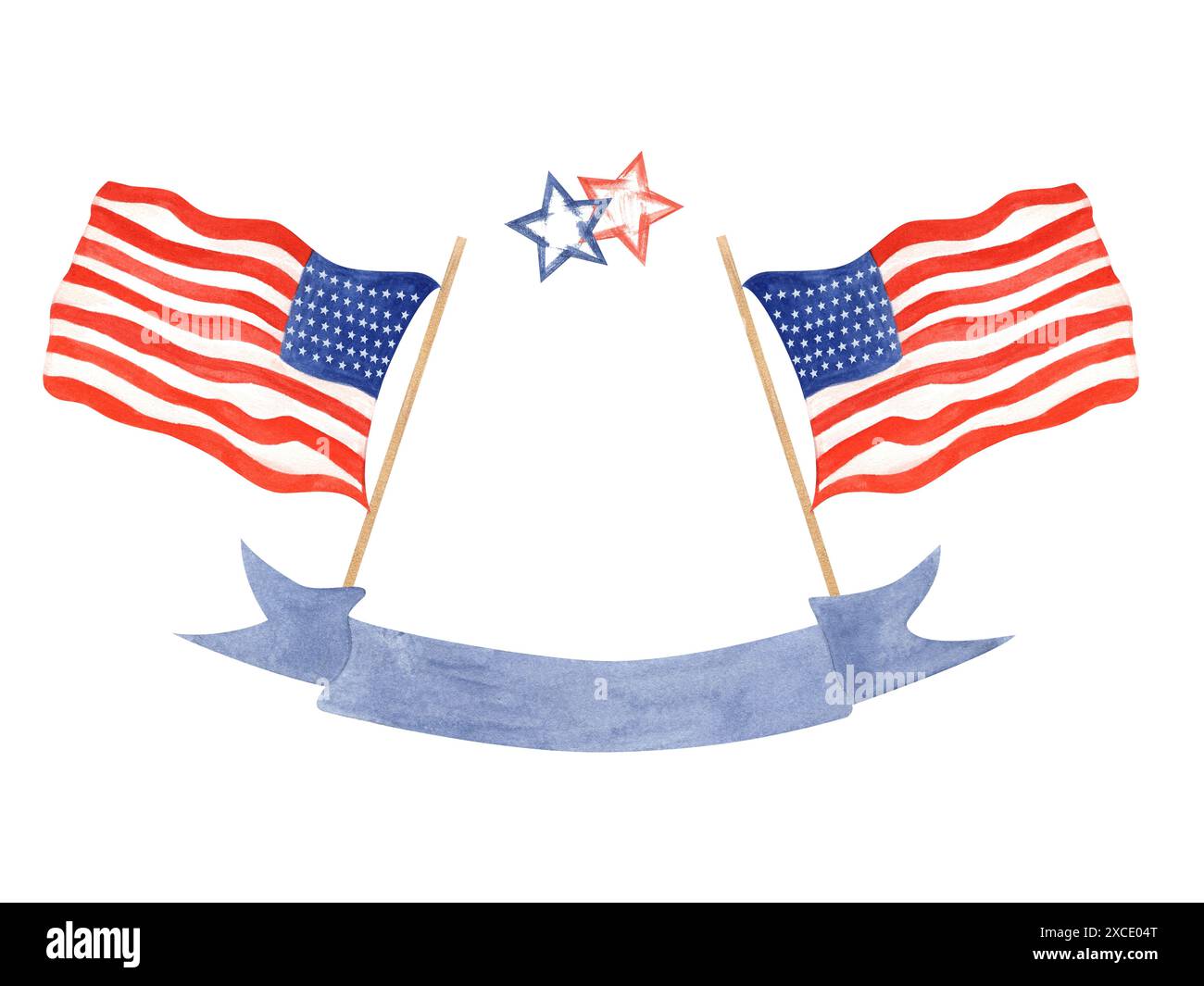 American Independence Day. Two flying National flags, stars. Blue ...