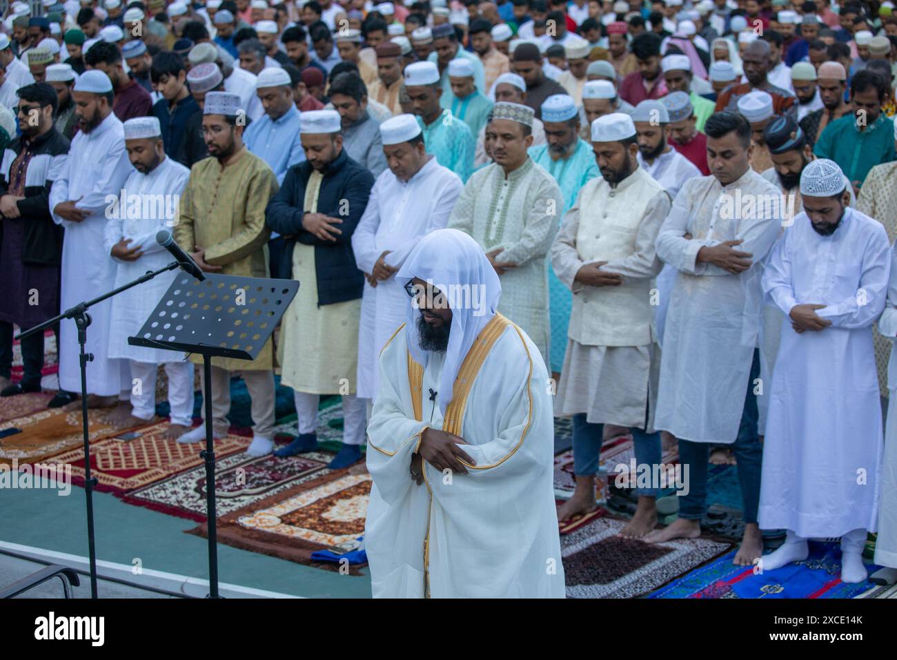 Madrid, Spain. 16th June, 2024. Dozens of Muslims seen praying during ...