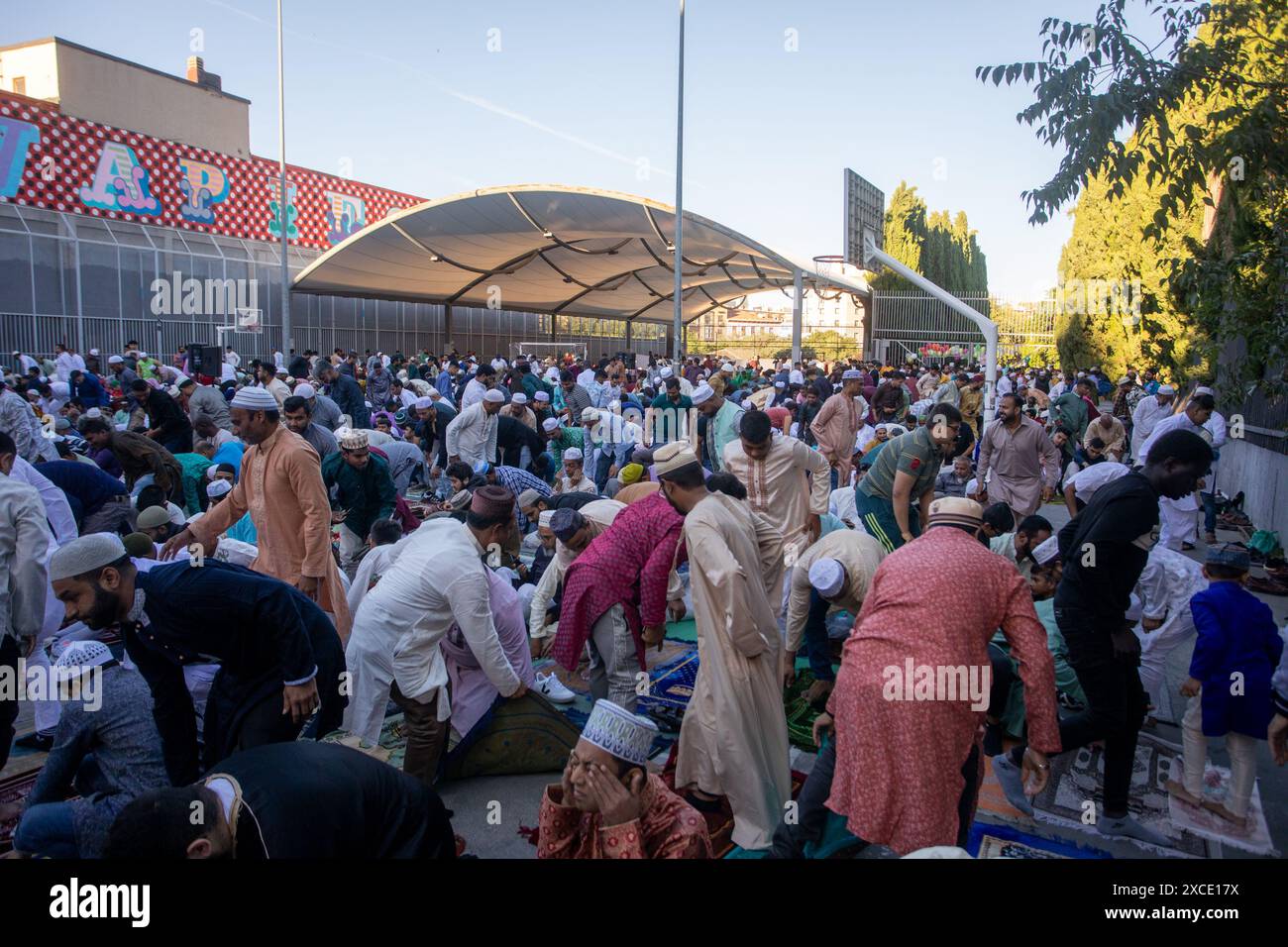 Madrid, Spain. 16th June, 2024. Dozens of Muslims seen praying during ...