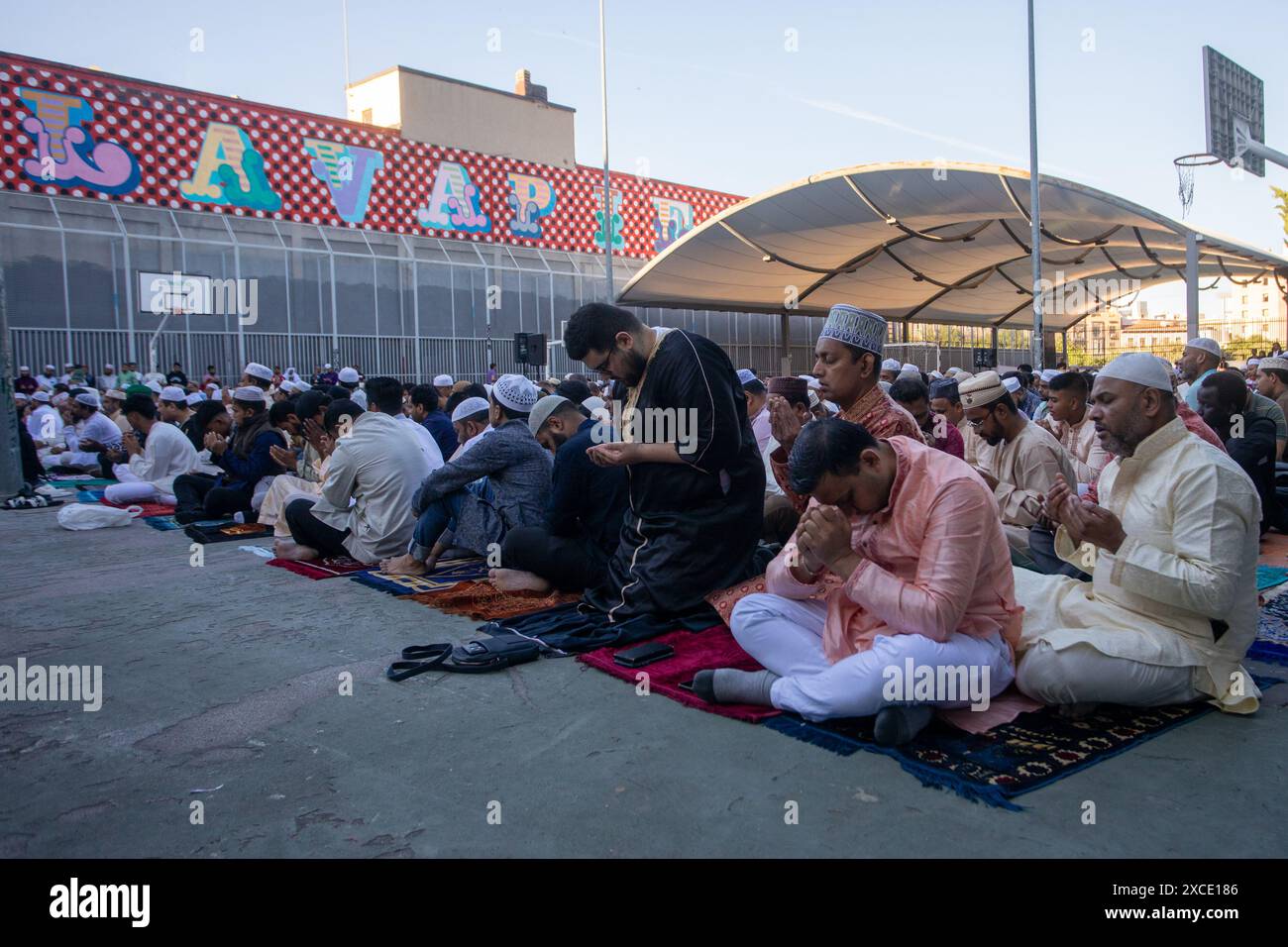 Madrid, Spain. 16th June, 2024. Dozens of Muslims seen praying during ...