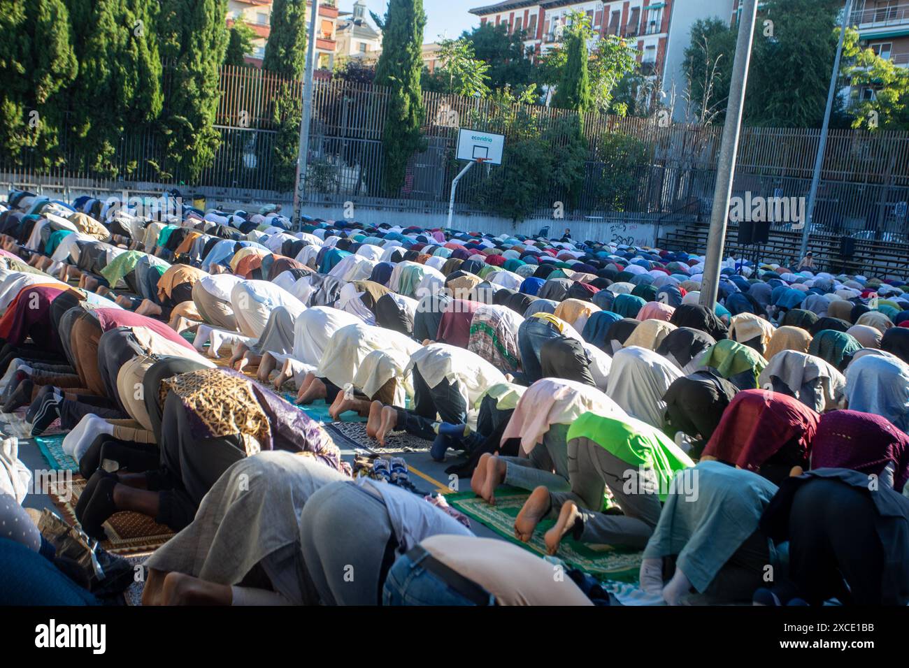 Madrid, Spain. 16th June, 2024. Dozens of Muslims seen praying during ...