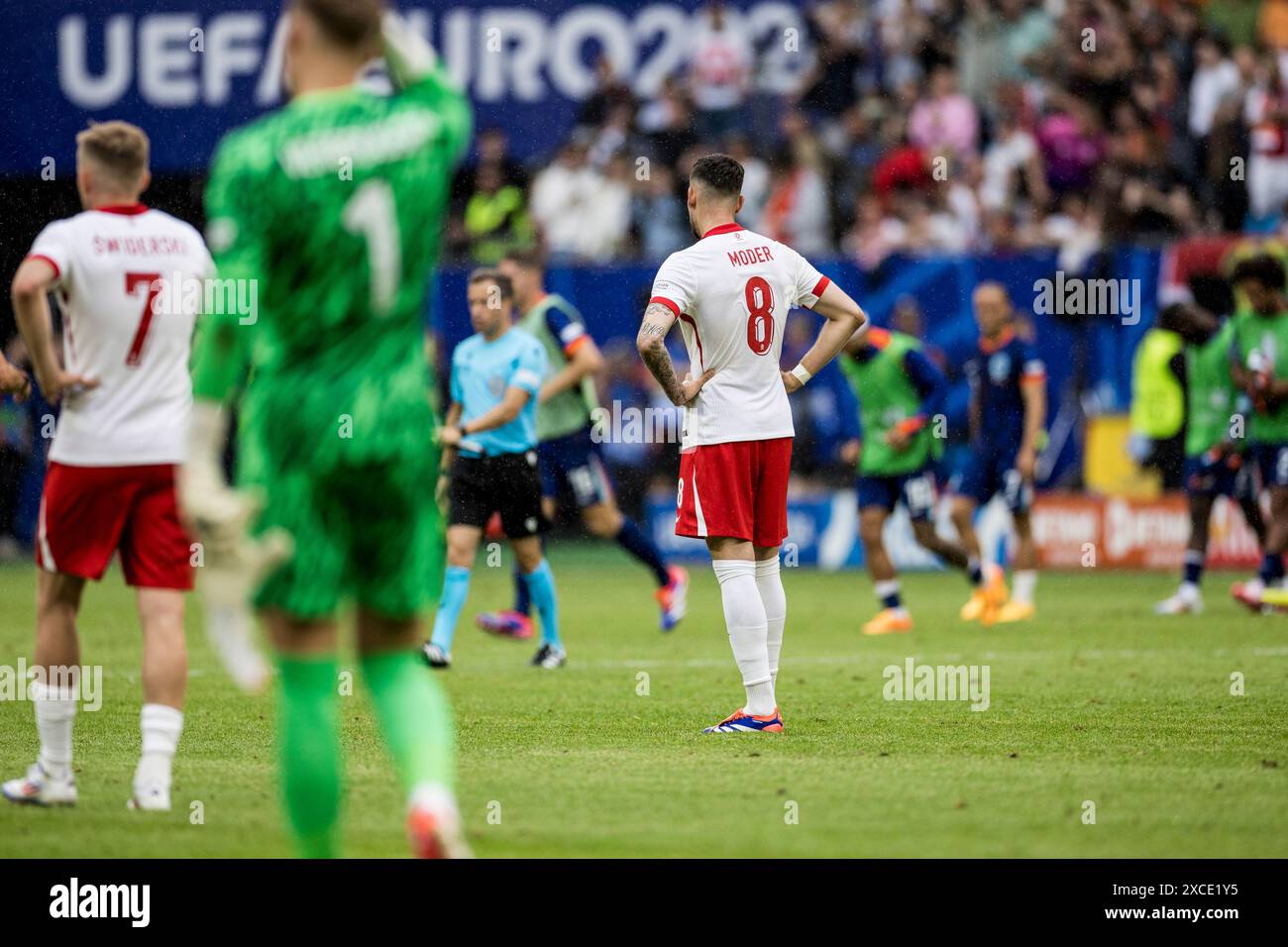 Hamburg, Germany. 16th June, 2024. Jakub Moder (8) of Poland seen after ...