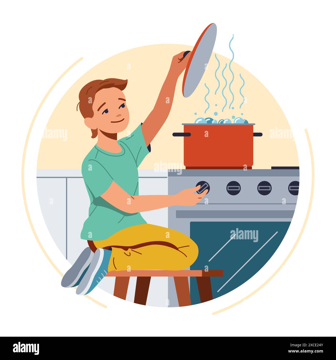 Little boy opening lid of pot with boiling water flat color vector ...