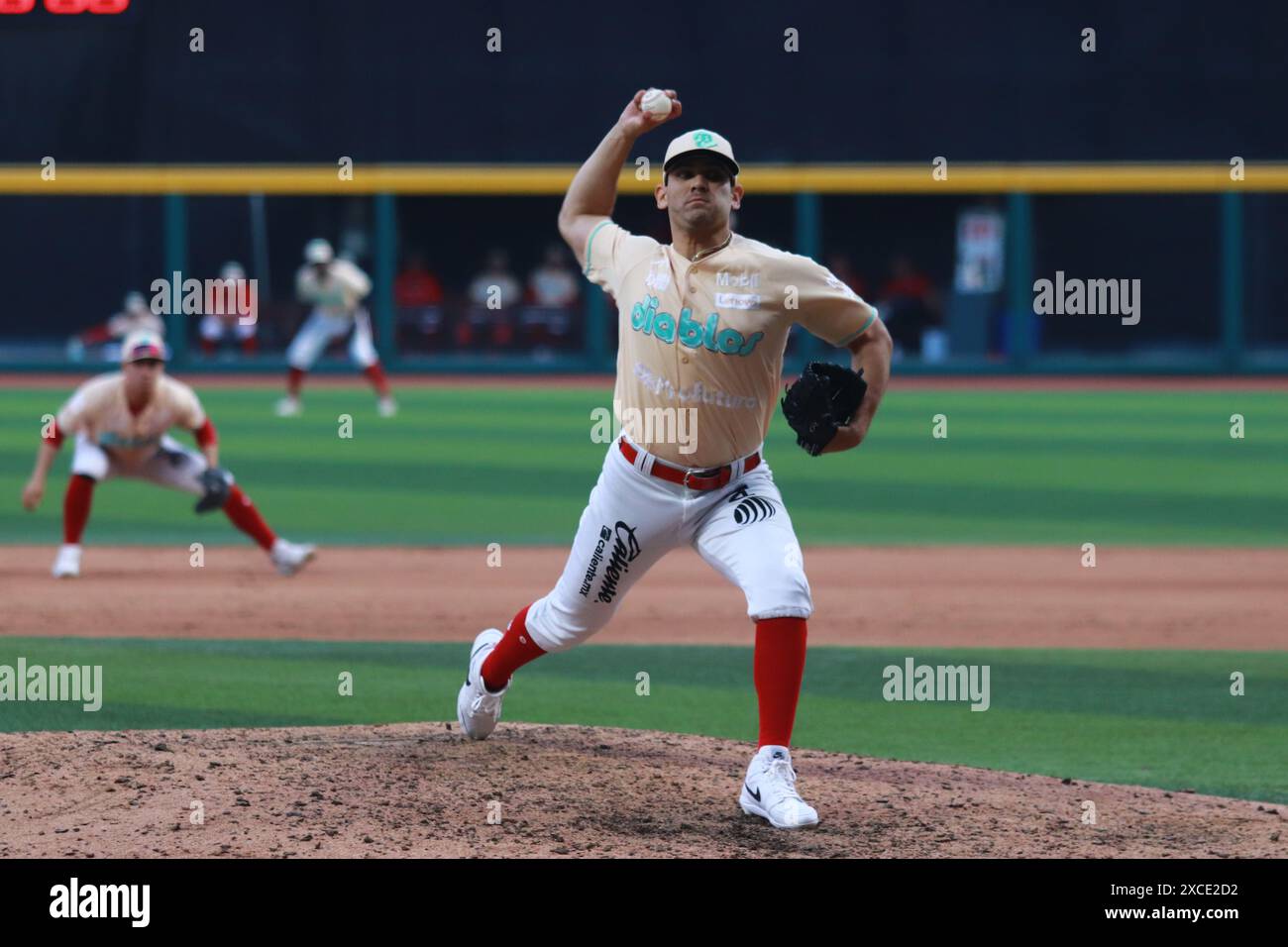 Edwin Fierro #48 of Diablos Rojos pitches the ball during the match 2 ...