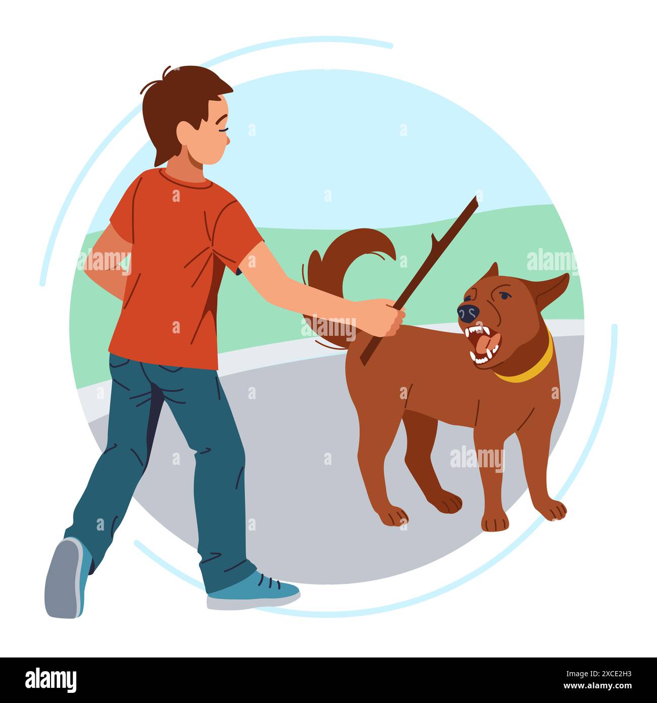 Boy teasing angry dog with stick flat color vector illustration. Danger ...