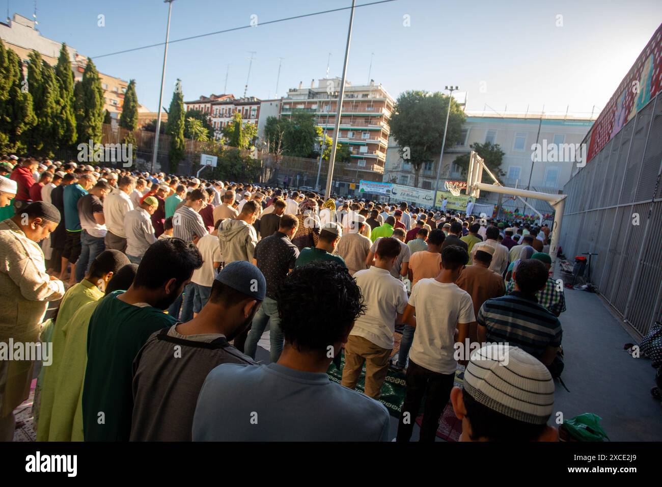 Madrid, Spain. 16th June, 2024. Dozens of Muslims seen praying during ...