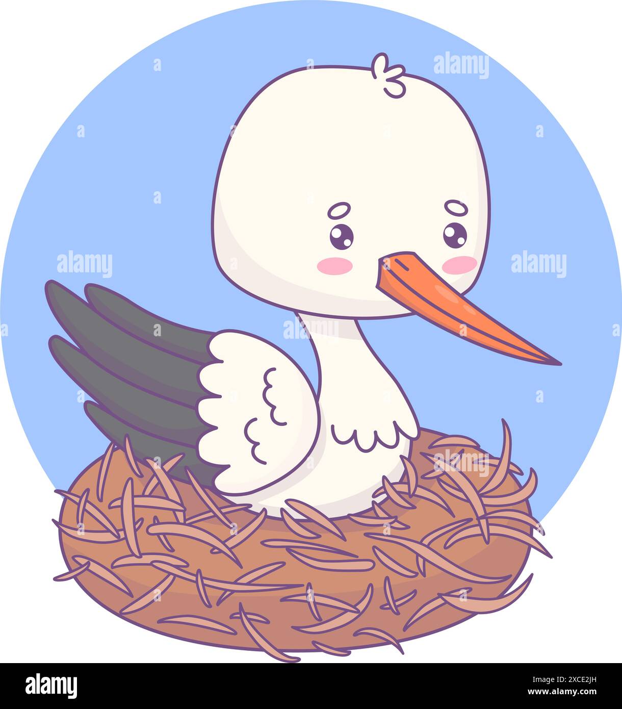 Cute white stork in nest. Funny cartoon kawaii bird character. Vector ...