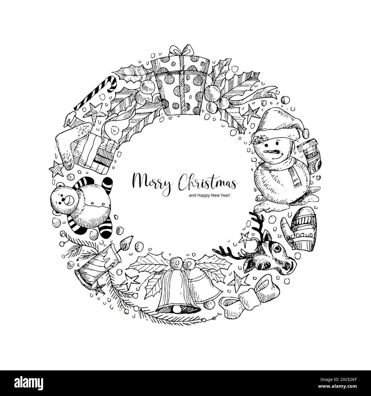 Hand draw circular christmas elements sketch holiday card background ...