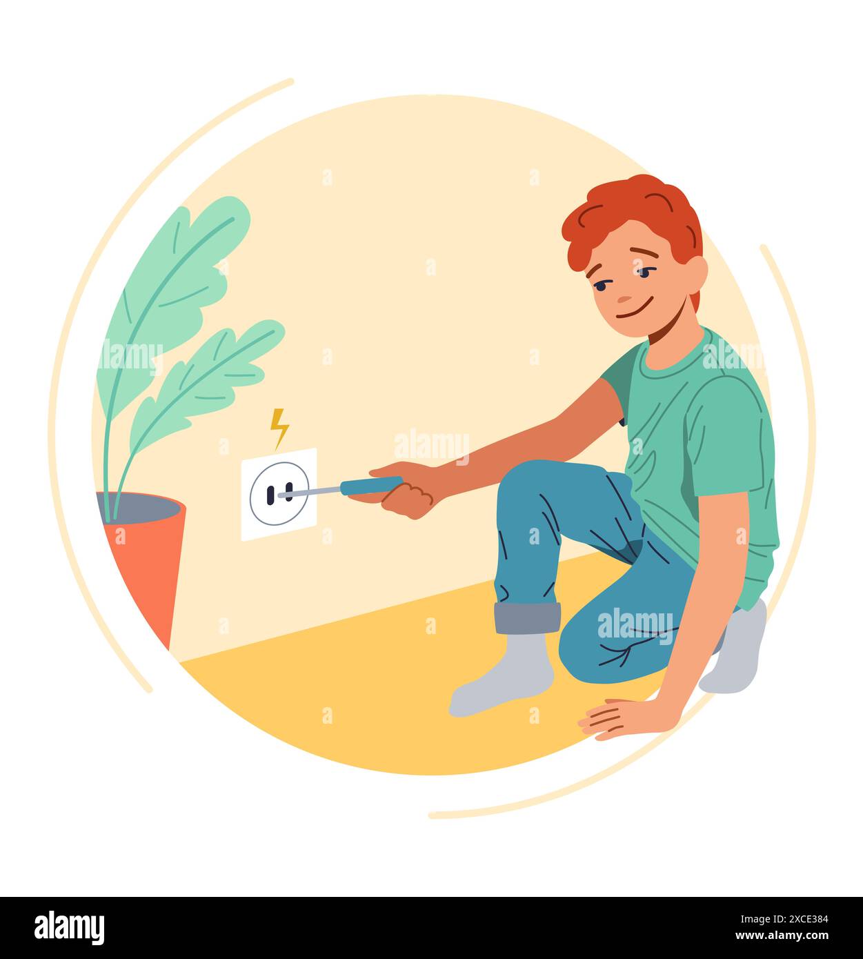 Curious little boy inserting screwdriver into socket flat color vector illustration. Dangerous ...