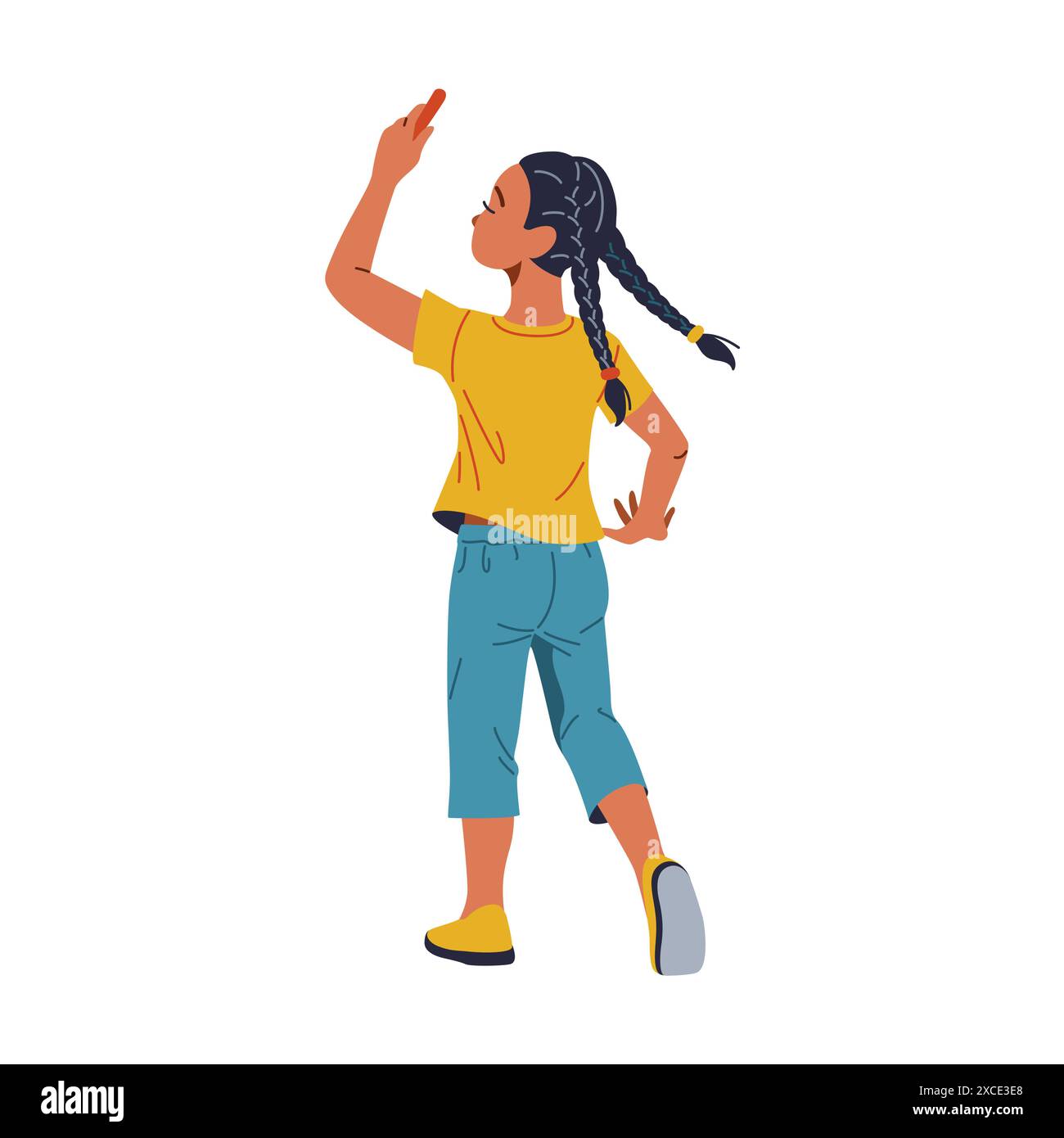 Happy little girl drawing with chalk piece flat color vector ...