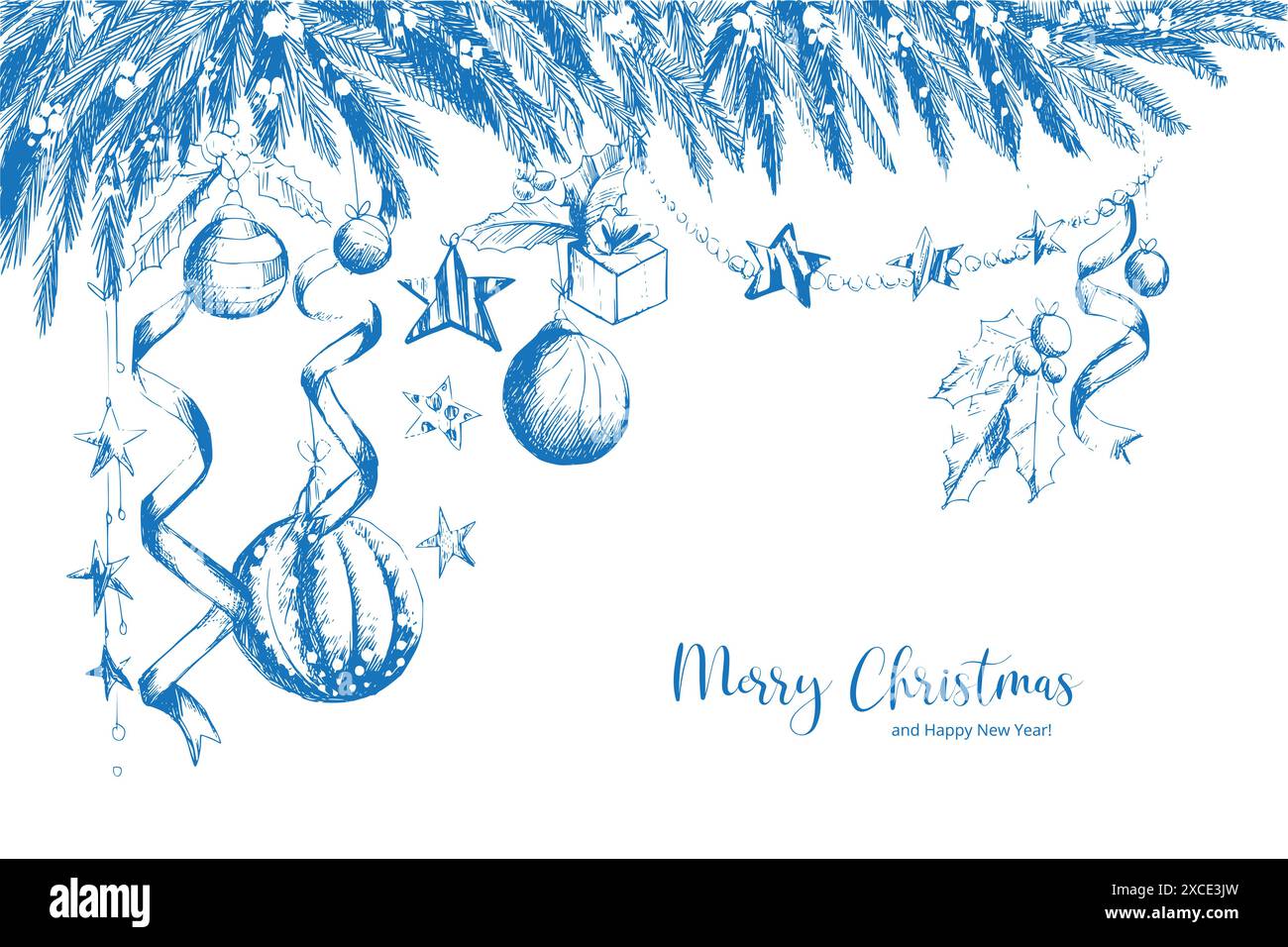 Hand draw christmas elements sketch holiday card background Stock ...