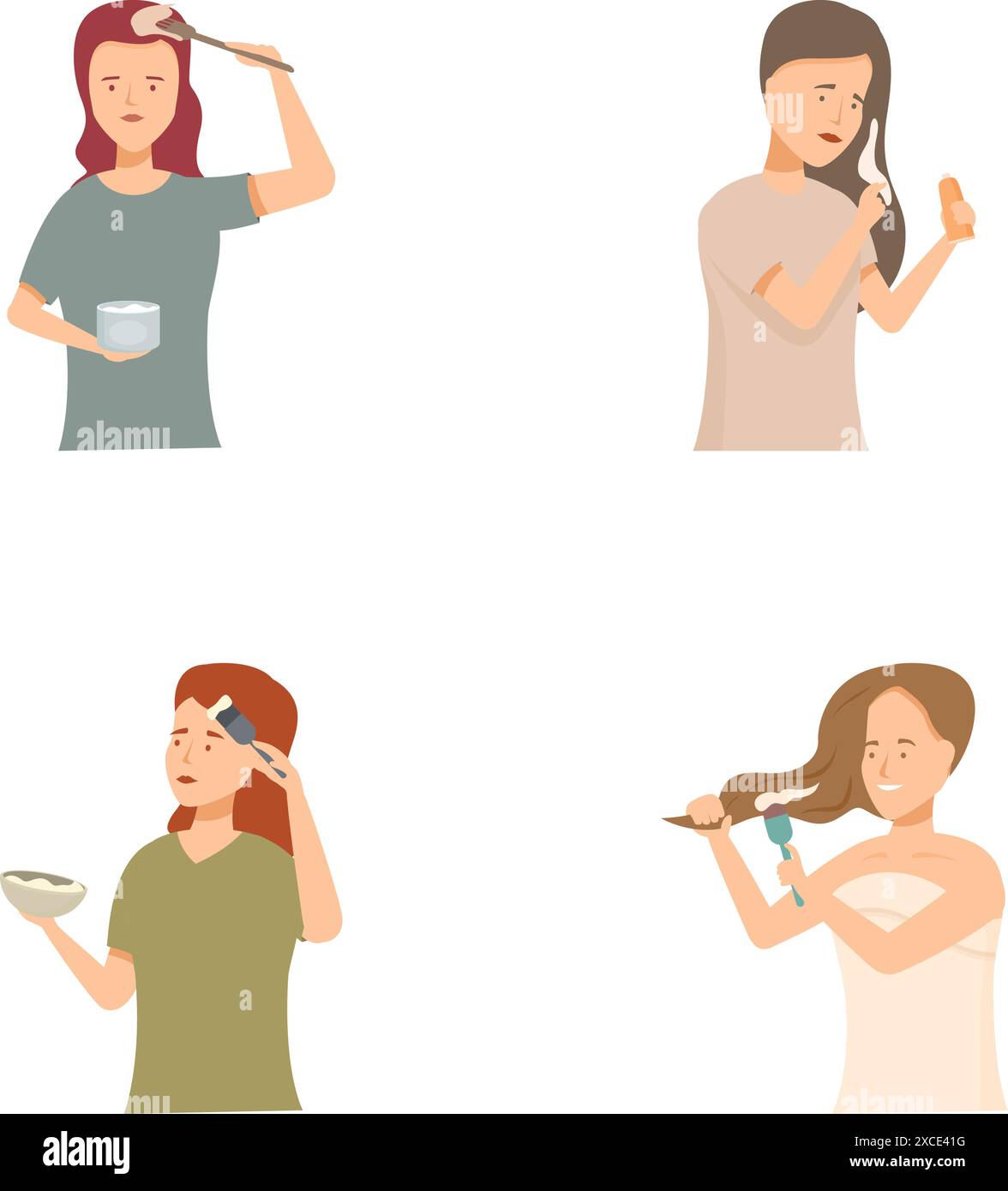 Vector illustrations of women performing various hair care routines ...