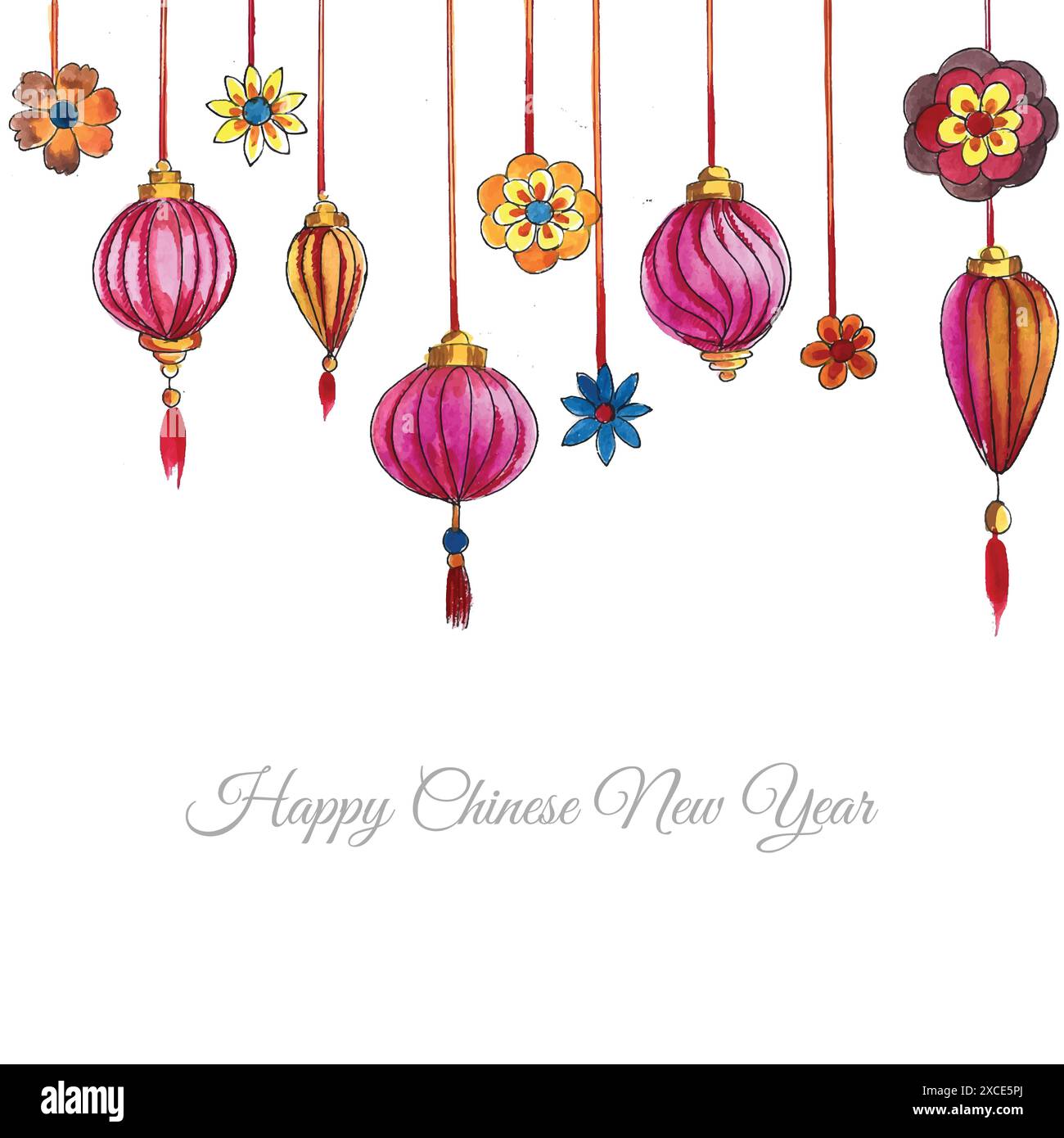 Hand drawn decorative chinese lanterns new year card background Stock ...