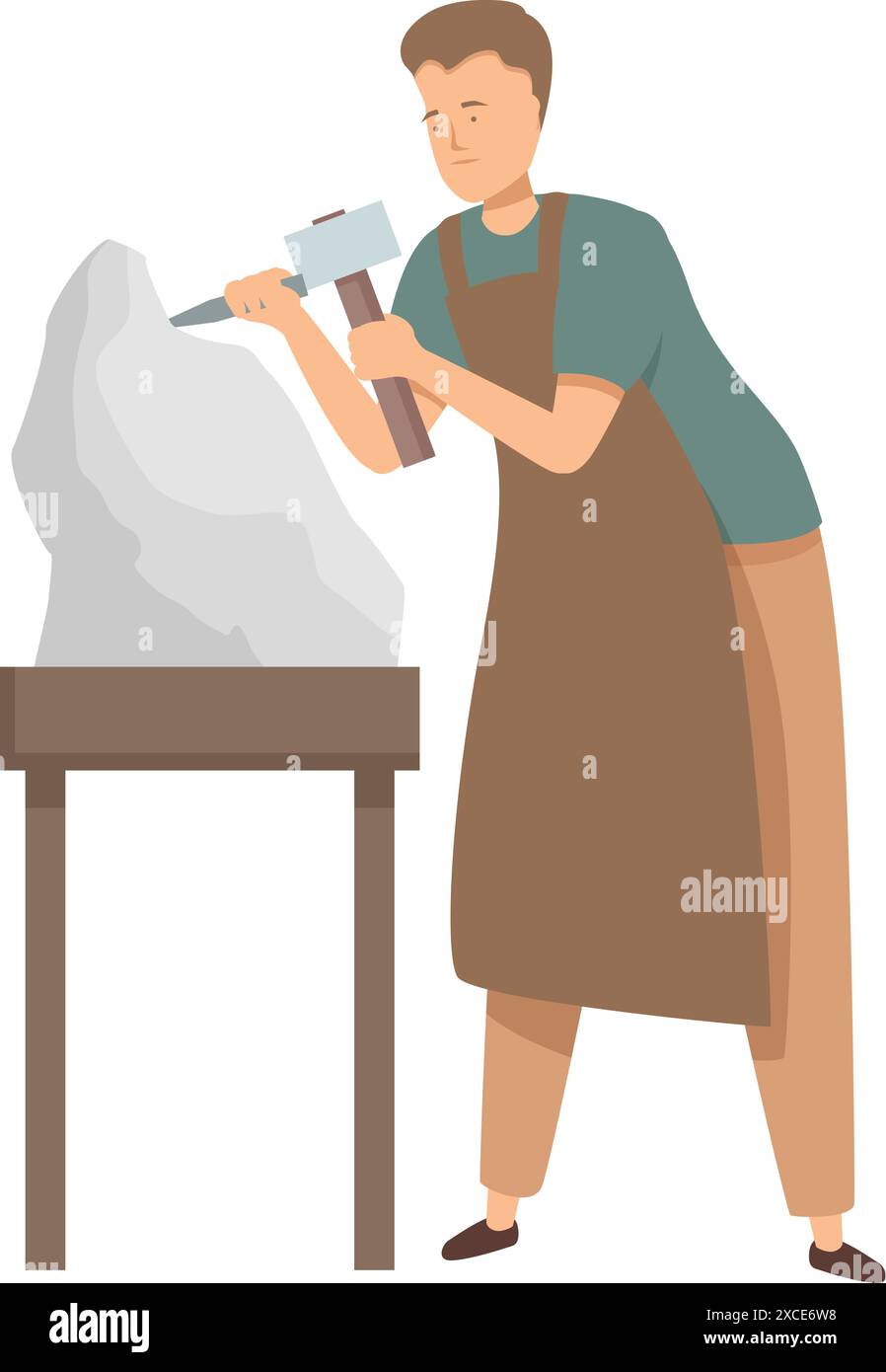 Sculptor Wearing An Apron Is Carving A Stone Sculpture Using A Hammer And Chisel Stock Vector