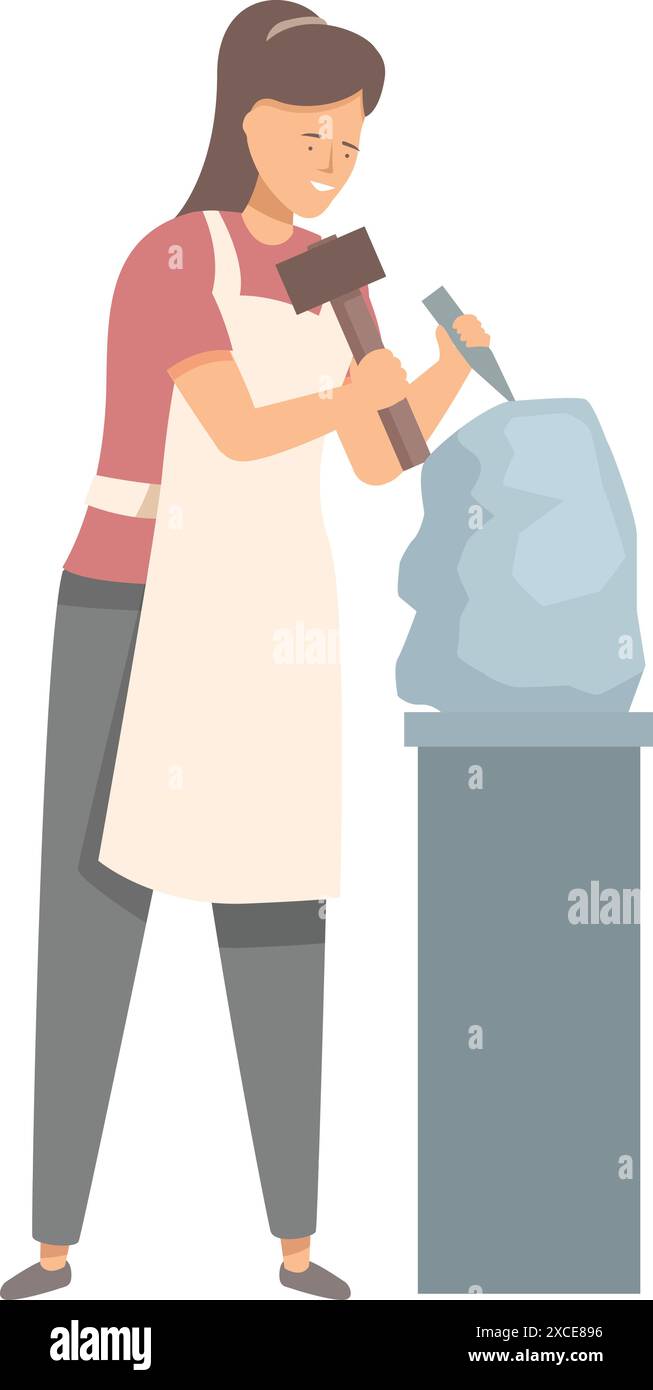 Sculptor is using a hammer and chisel to shape a block of stone into a ...