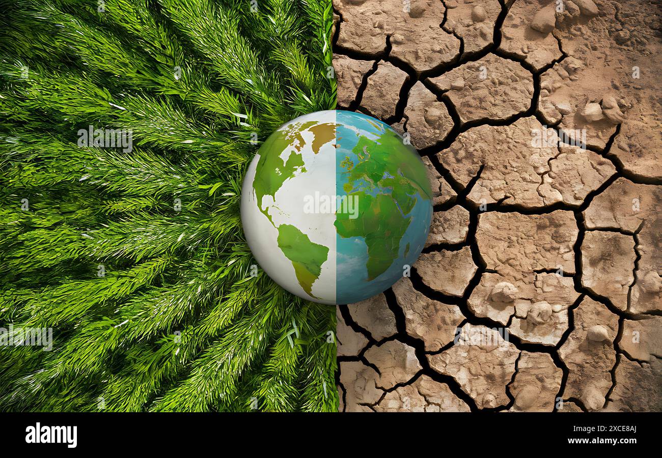 A conceptual image of Earth with one half showing lush greenery and the ...