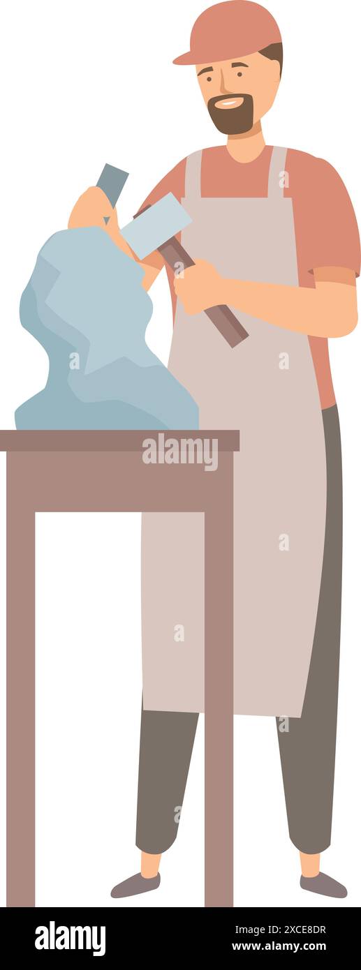 Male artist wearing apron sculpting stone statue on a high table Stock ...