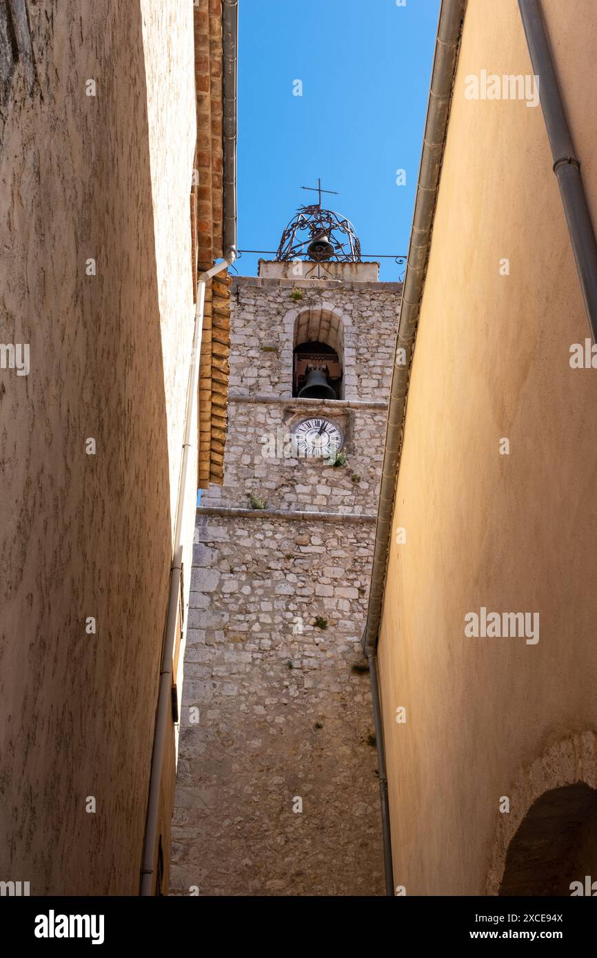 medieval church bell tower in old village in the French Riviera back ...