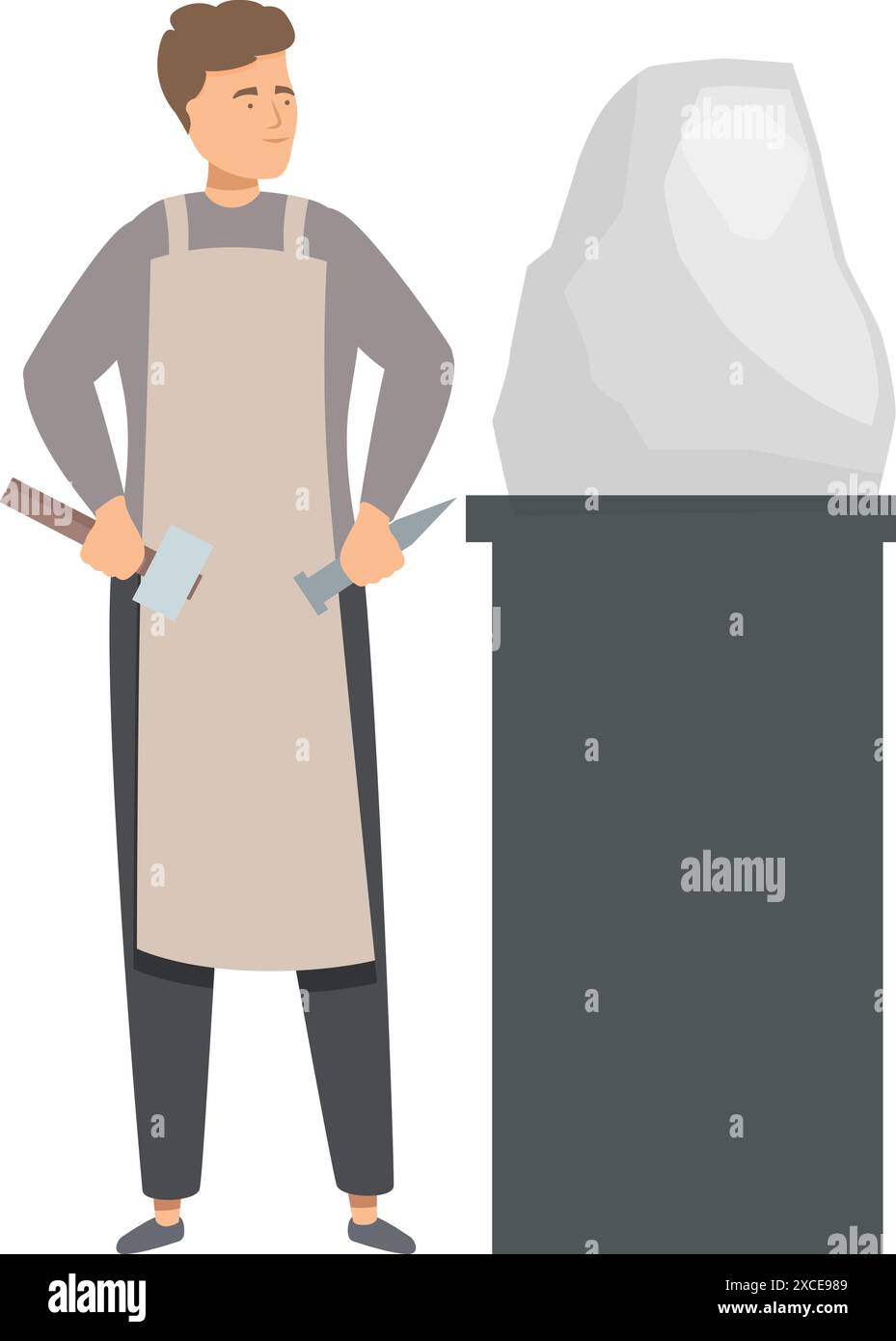 Sculptor holding hammer and chisel standing near stone block on ...