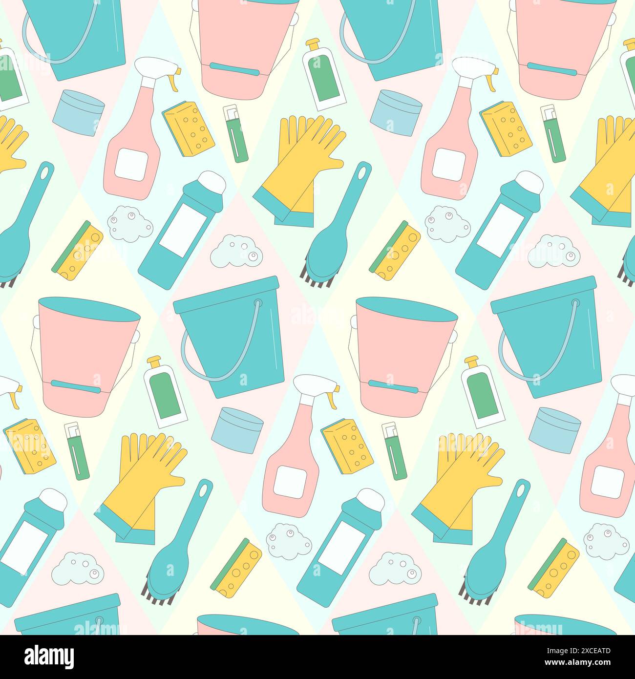 Seamless pattern with cleaning supplies, featuring buckets, spray ...